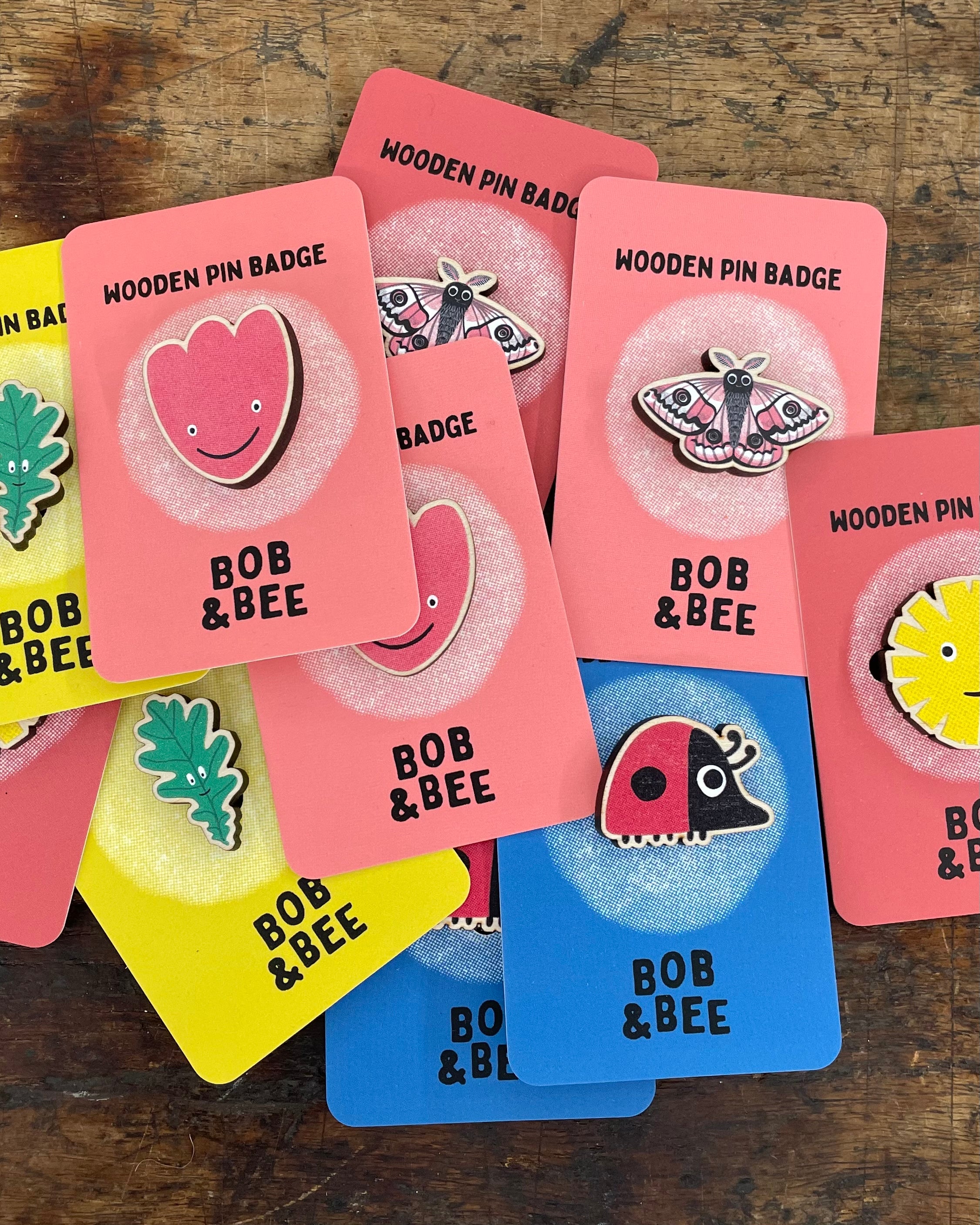 Wooden Pin Badges – Bob and Bee
